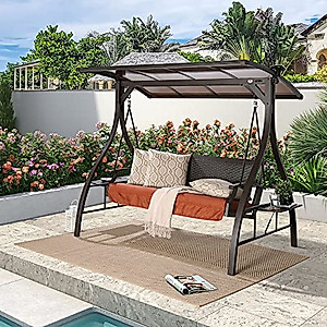 Iwicker 3-Seat Patio Swing Porch Glider Hammock Hang Bench Chair with Adjustable Canopy, Folding Tray, Cushions and Sunbrella Pillows Included for Garden, Poolside, Balcony