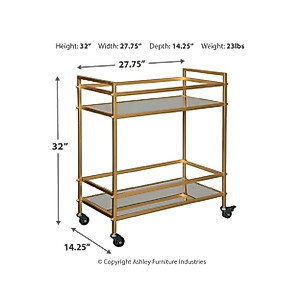 Signature Design by Ashley Kailman Modern Glam Mirrored Metal Bar Cart with Casters, 32", Gold Finish