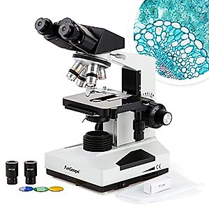 AmScope B490B Compound Binocular Microscope, WF10x and WF20x Eyepieces, 40X-2000X Magnification, Brightfield, Halogen Illumination, Abbe Condenser, Double-Layer Mechanical Stage, Sliding Head, High-Resolution Optics, Anti-Mold , White