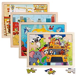 4 Packs 24 PCs Jigsaw Puzzles for Kids Preschool Educational Brain Teaser Boards Toys Animal Zoo Bus Marine World Construction Sites Children Enlightenment 3 Years Old and Up