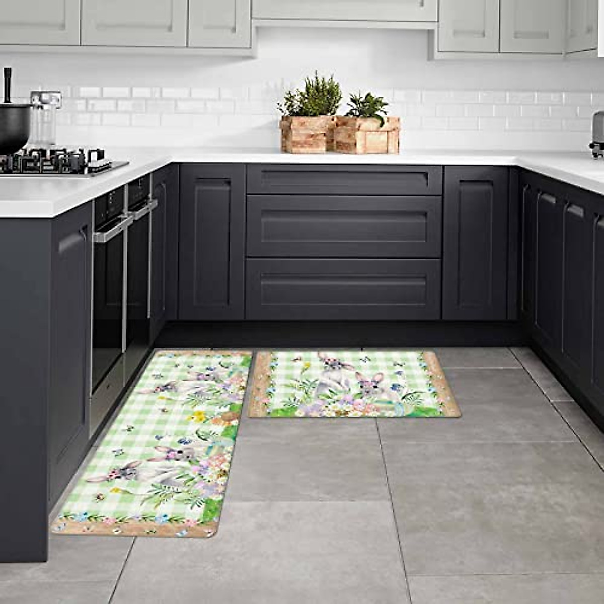 Greday Plaid Green 2 PCS Cushioned Anti-Fatigue Kitchen Mats and Rugs,Spring Holiday Colored Eggs Easter Egg Bunny Daisy Floral Absorbent 18inchx 30inch+ 18inchx 48inch
