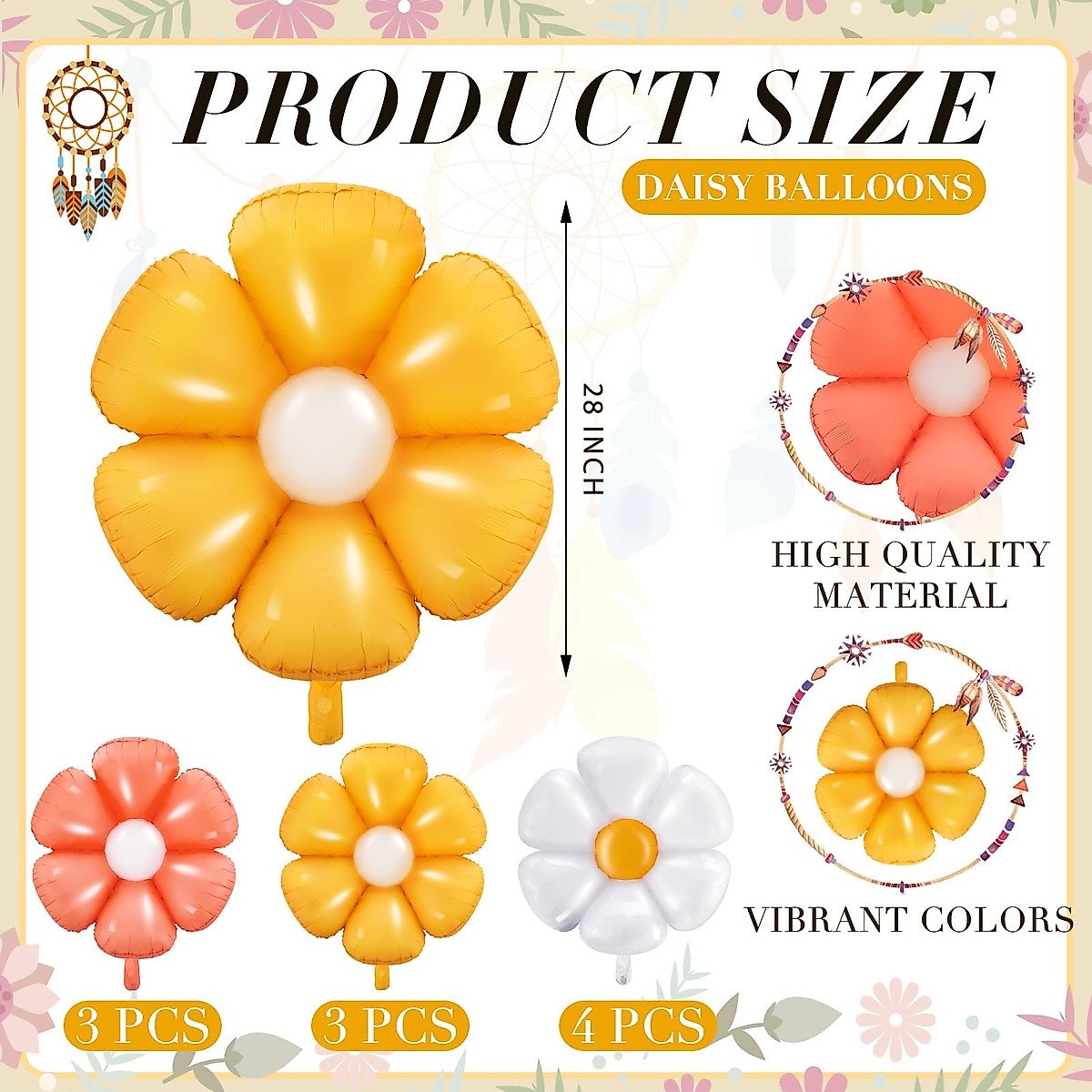 Rotatingpals 10 Pcs Daisy Balloon 28 Inch Flower Balloons Boho Groovy Party Decor for Boho Daisy Themed Birthday Party Baby Shower Wedding Decorations Supplies, 3 Colors