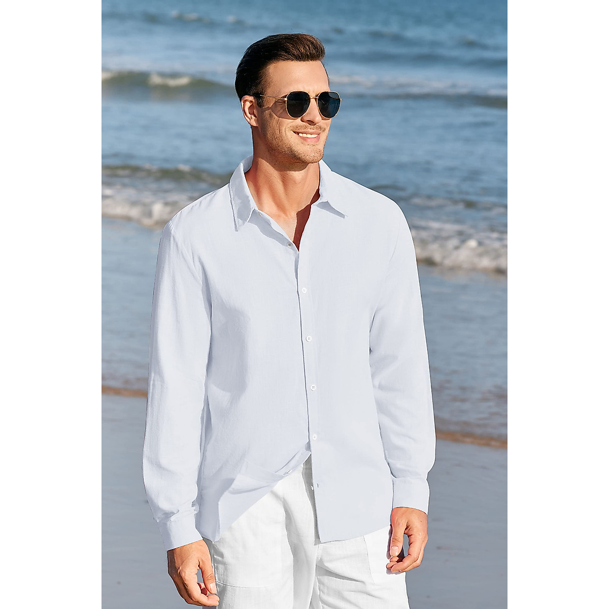 Mens Button Up Shirts Linen Beach Long Sleeve Casual Cotton Summer Lightweight Tops X-Large