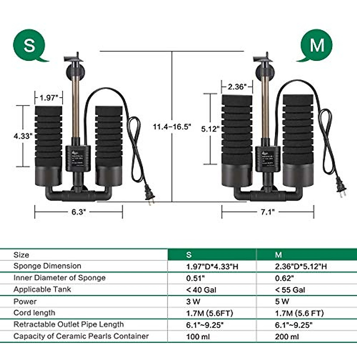 AQQA Aquarium Electric Power Sponge Filter,3W/5W Silence Submersible Foam Filter,Sponges Bio Ceramic Media Balls Double Filter for Saltwater Freshwater Fish Tank (S)