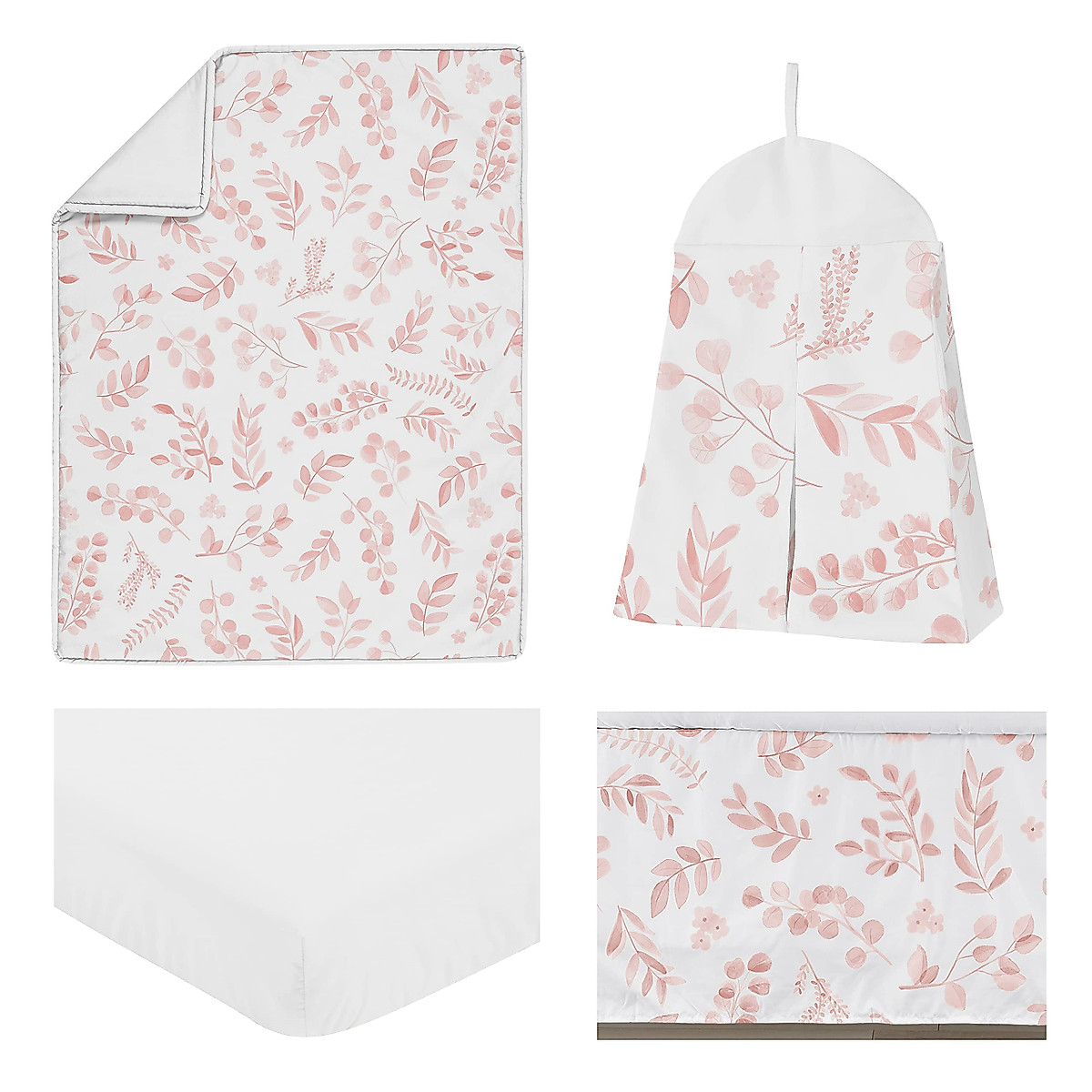Sweet Jojo Designs Blush Pink and White Floral Leaf Baby Girl Nursery Crib Bedding Set Boho Chic Bohemian Watercolor Botanical Flower Woodland Tropical Garden Leaves Pastel Light Pink Nature Bloom 4pc