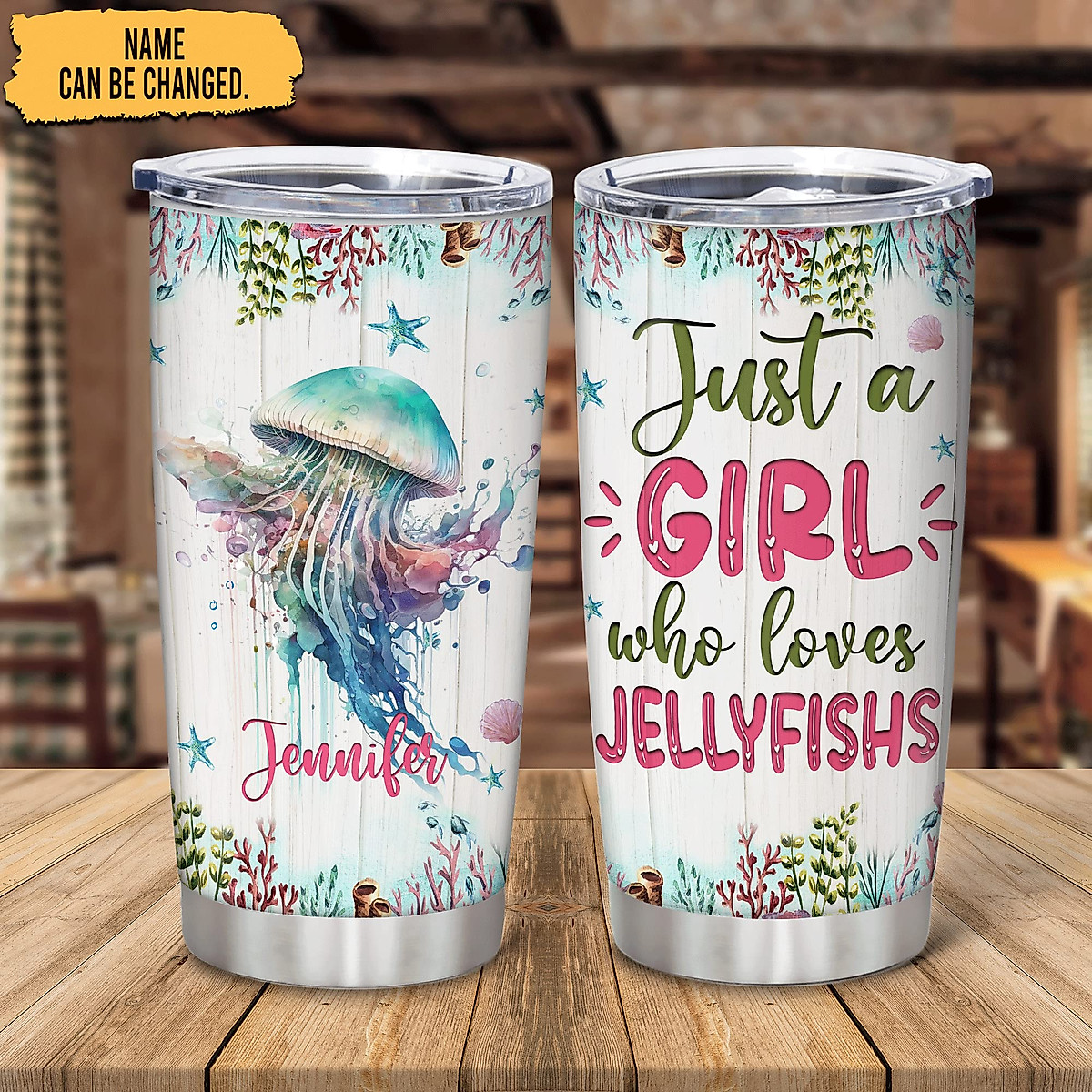 Hyturtle Personalized Gifts For Jellyfish Lover - Just A Girl Who Loves Jellyfishs Custom Name Stainless Steel Tumbler 20oz With Lid - Idea Ocean Animal Lover Gifts For Women Girl On Birthday