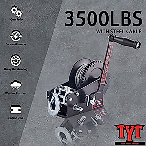 TYT 3500LB Boat Trailer Cable Winch with 32ft Steel Rope, Hardened Steel Ratio 4:1/8:1 Gear Manual Winch, Heavy Duty Portable Hand Crank Winch with Hook for Towing Pulley Boat Trailer RV Jet Ski Winch