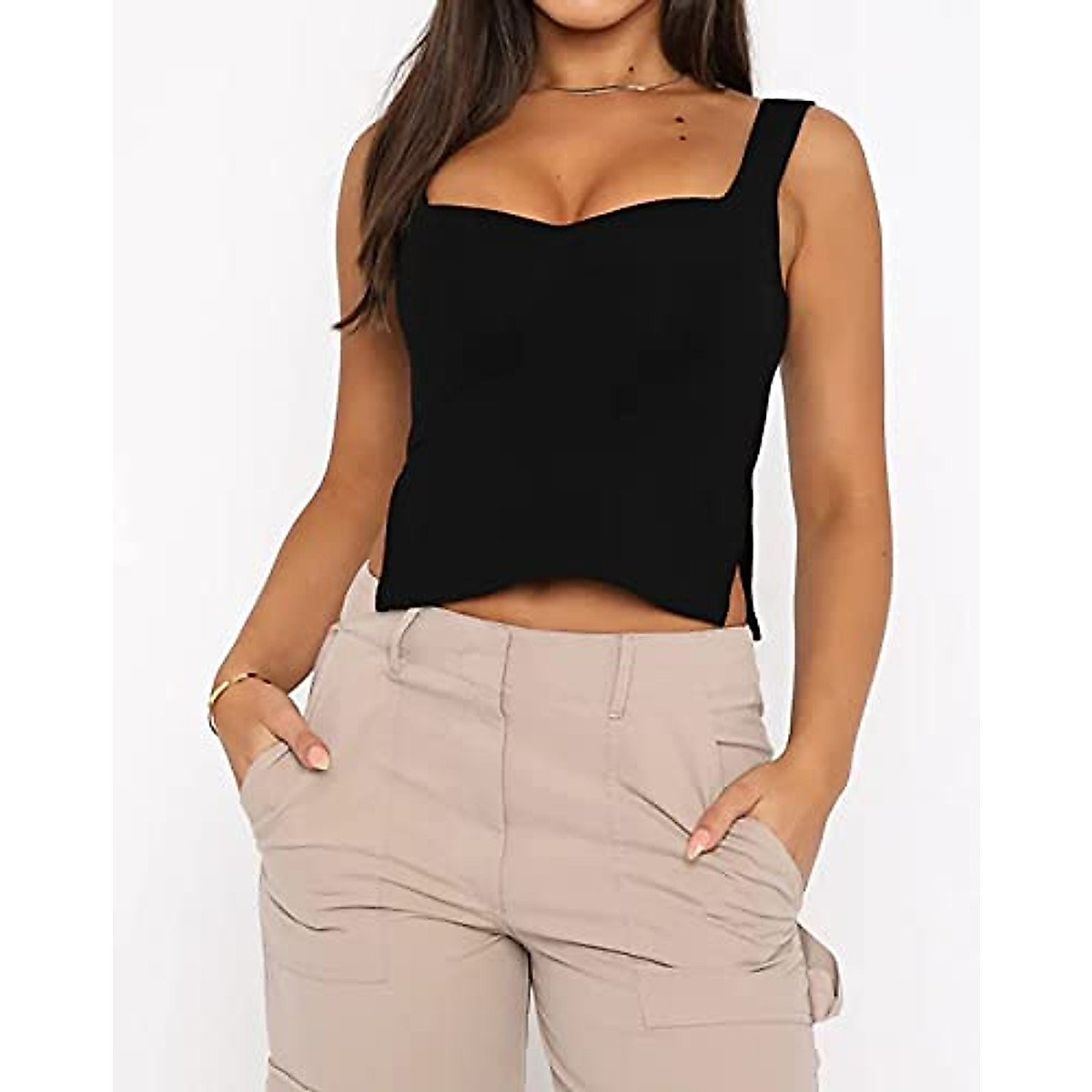 TiulZial Women's Sleeveless Backless Crop Tank Top Sexy Pleated Bustier Sweetheart Neck Strappy Y2K Slits Cropped Tops Black Crop Top,S