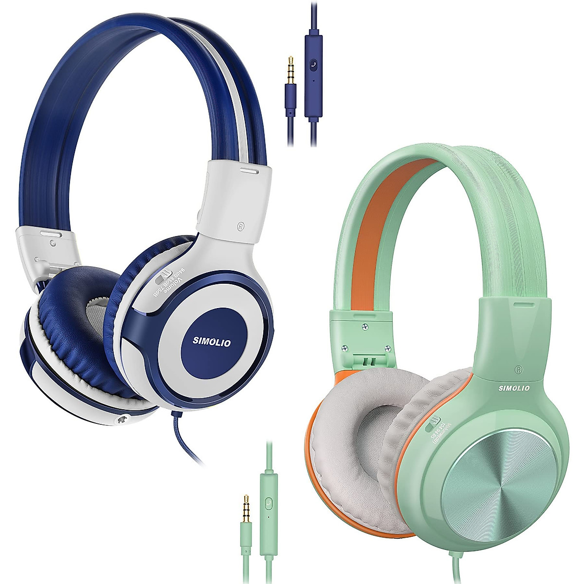 SIMOLIO Foldable Wired Headphones Teens Adults Kids Youths w/Mic & Volume Control & Volume Limited & Share Port & Portable Pouch, Safe Volume Stereo Headset for Online School Gaming PC Laptop Travel