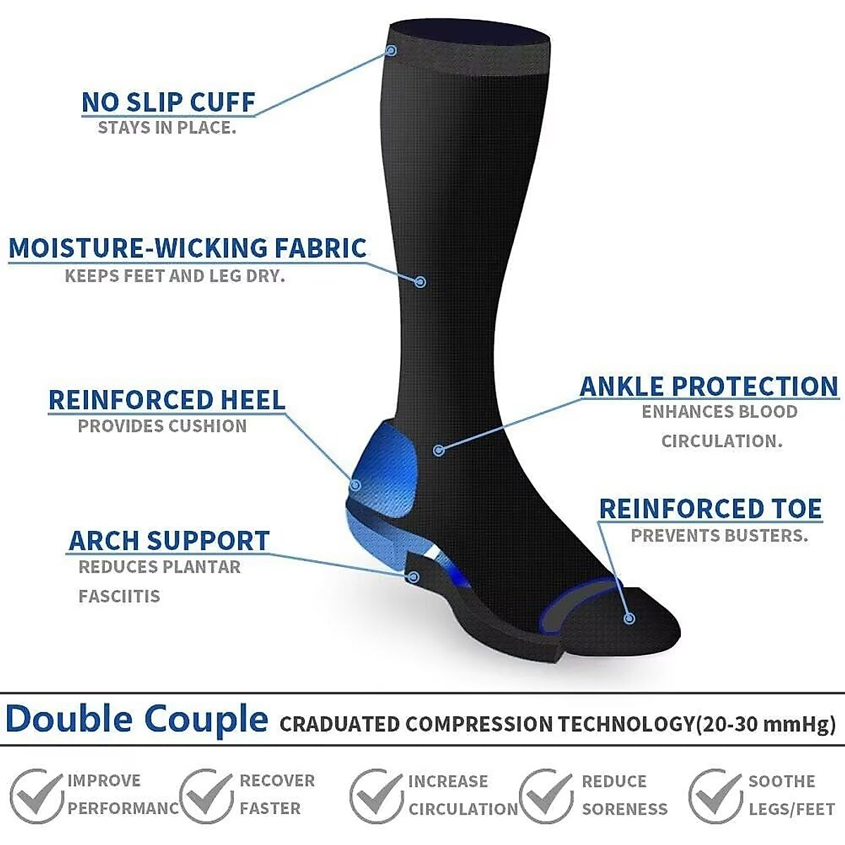 Double Couple 8 Pairs Compression Socks Men Women 20-30 mmHg Knee High Compression Stockings for Sports Support Socks
