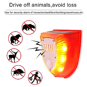 LAFEINA 2 Pack Solar Security Alarm Lights, 129dB Gunshot Sounds & Dog Barking Sound & Light Strobe Light Warning Lamp for Outdoor Farm Barn, Villa Yard