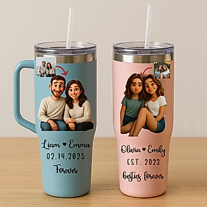 Custom Photo 3d Cartoon Tumbler 40 oz For Everyone, Upload Your Image, Customize Text Name Saying Est Year, Gift For Boyfriend Girlfriend Bestfriend Besties Family Mothers Fathers, Mom Dad Gifts 1