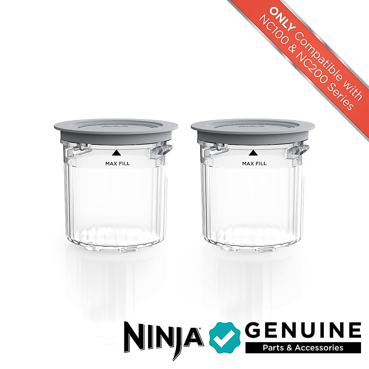 Ninja CREAMi Breeze Pints 2 Pack, Compatible with NC100 & NC200 Series CREAMi Ice Cream Makers, Genuine Ninja Pint, BPA-Free & Dishwasher Safe, Grey Lids, 1 Pint Each, Clear/Grey, XSKNC1PNT2