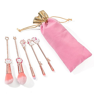 Marie Cartoon Cat Makeup Brushes - 5pcs Cute Animal Designed Soft Pink Makeup Brushes Set, Professional Cosmetic Tool Kit Pink Drawstring Bag Included for Girls and Women (5PCS)