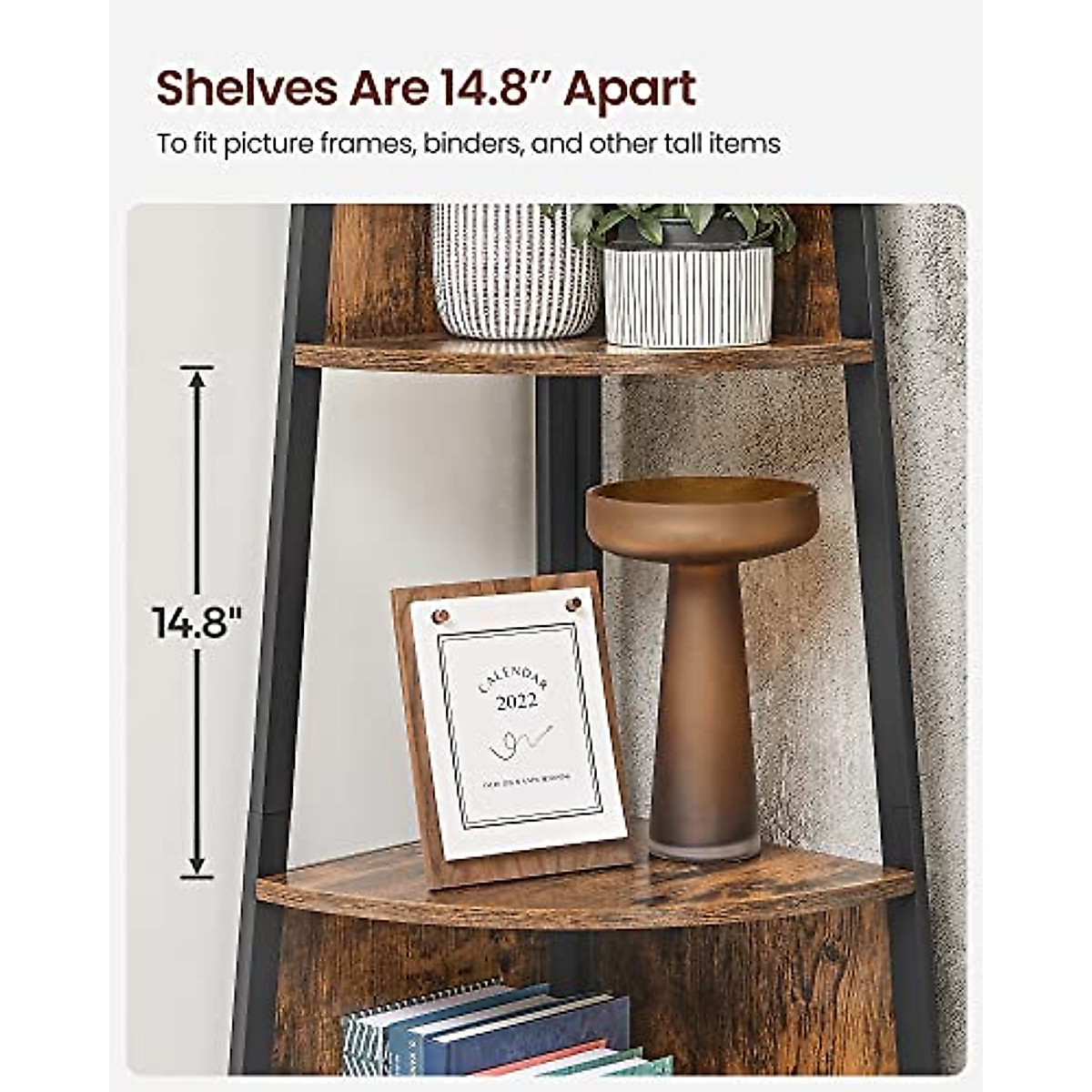 VASAGLE 71.6 Inch Tall Corner Shelf, 5 Tier Rustic Corner Bookshelf Bookcase, Corner Ladder Shelf Multipurpose, Plant Stand for Living Room, Bedroom, Kitchen, Brown and Black ULLS804B01