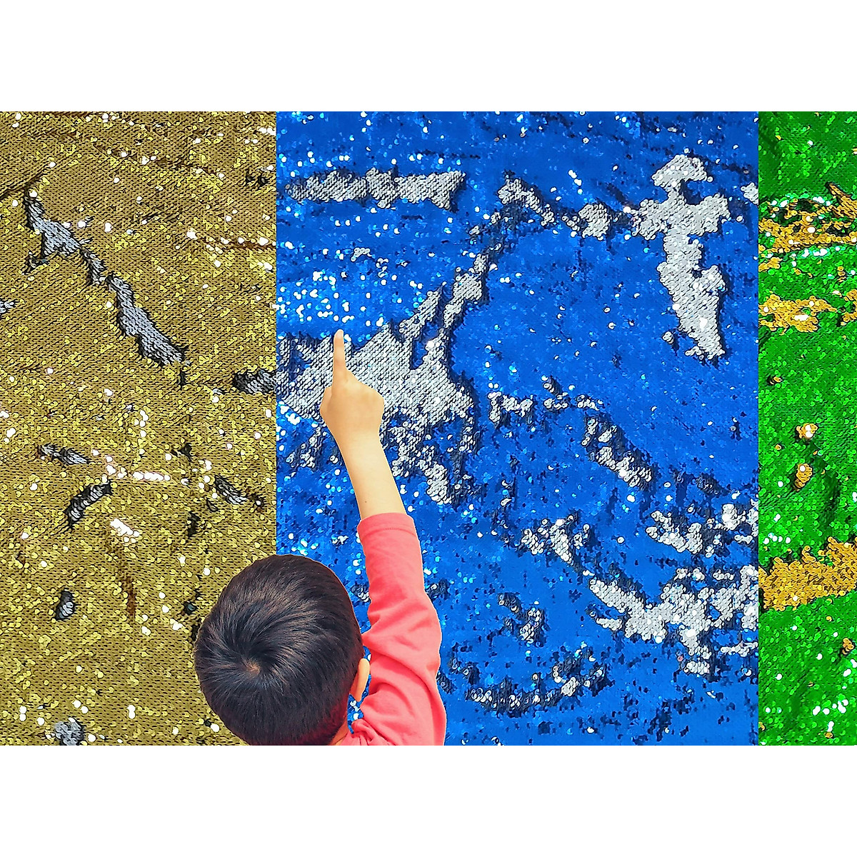 Sensory Wall Sequin Flip Fabric for Kids,0.2" Large Sequins Sensory Graffiti Fabric for Toddlers,Calming Corner Tactile Items Reversible Fabric (Half yd (18"*49"), Sapphire Blue + Silver)