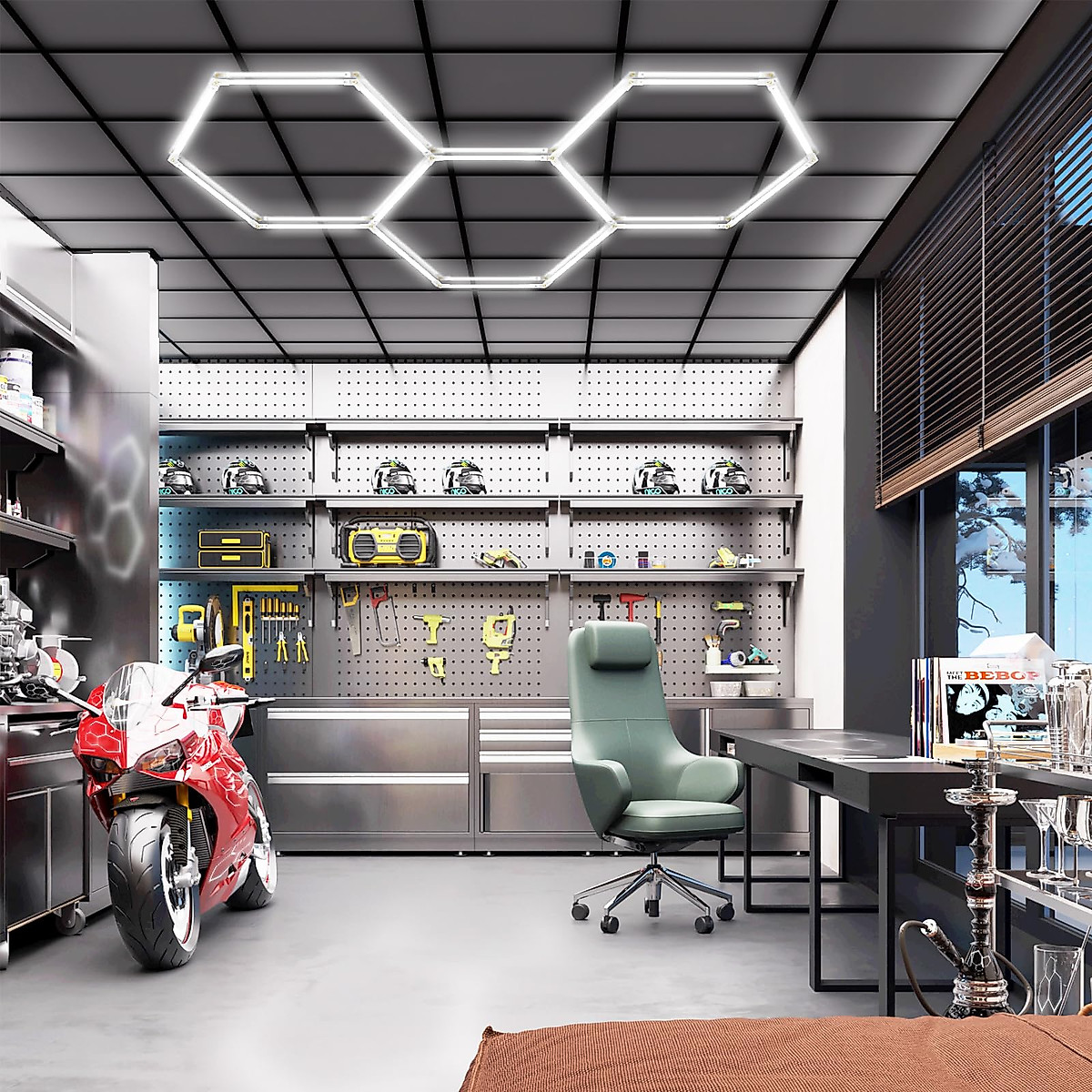 CDKMAX LED Hexagon Garage Light 3.0 Hex Grid Honeycomb LED Shop Light 135W 21400LM 6500K Hexagon Lighting System Car Detailing Shop LED Ceiling Lights for Home Gym Garage Workshop Basement Warehouse