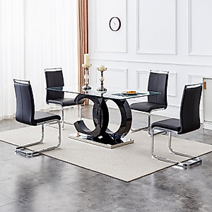 FURNITO 63'' Glass Dining Table Set for 4,Modern Dining Table Set for 4,Tempered Glass Table Top and High-End Design MDF Base with 4 Leather Ergonomic Dining Chairs