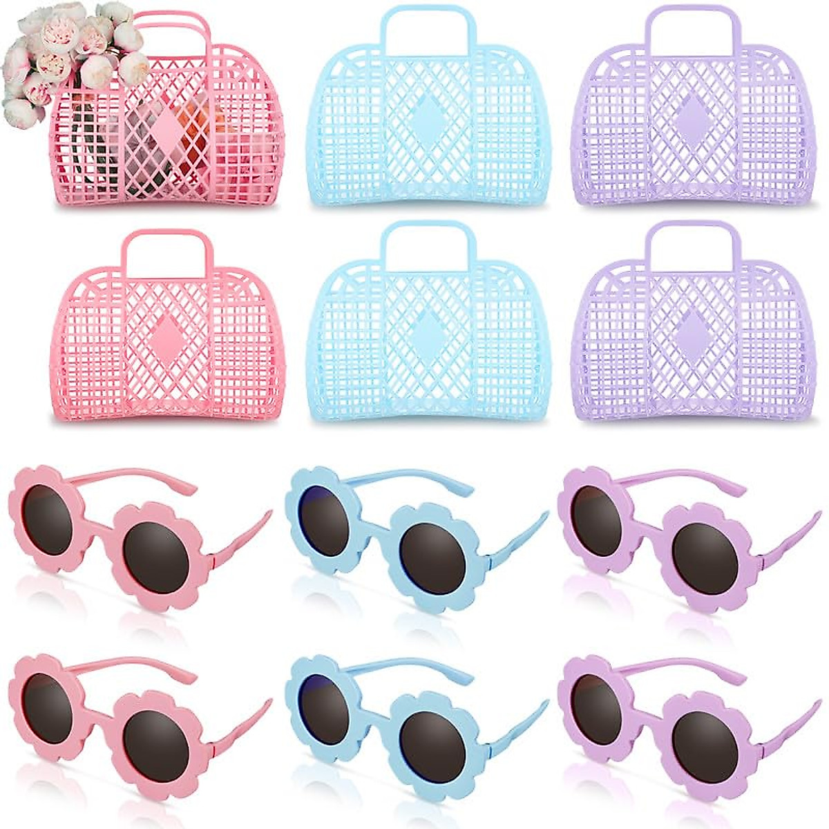 Sweetude 12 Pcs Jelly Bags with Sunglasses Jelly Purse Basket Reusable Tote Beach Handbags for Women Girls Kid(Colorful)