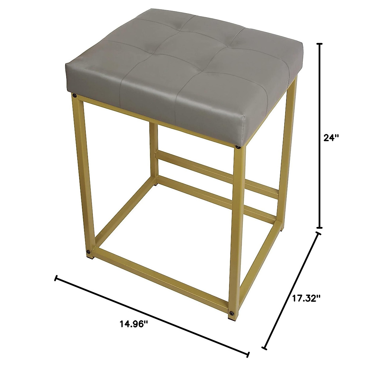 GIA 24-Inch Counter Height Square Metal Stool with Footrest and Tufted Gray Vegan Leather Upholstery, Gold Frame, Qty of 1