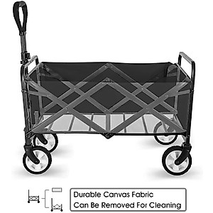 Collapsible Folding Outdoor Utility Wagon, Beach Wagon Cart with All Terrain Wheels & Drink Holders, Portable Sports Wagon for Camping, Shopping, Garden and Beach (Black/1 Year Warrant)