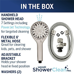 Waterpik ShowerClean Pro Hand Held Shower Head High Pressure Rinser With Built-in Power Jet -Wash, Shower -Cleaner In Brushed Nickel, QCM-769ME