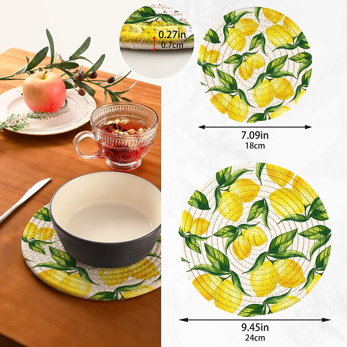 ALAZA Yellow Lemon and Leaves on White PotHolders Trivets Set Cotton Hot Pot Holders Set Farmhouse Coasters,Hot Pads,Hot Mats for Kitchen Counter Decorative