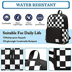 VASCHY School Backpack, Lightweight Travel Backpack for Men Women Schoolbag Bookbag for Kids Teen Boys Girls Black White Plaid