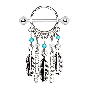 Covet Jewelry 316L Surgical Steel Turquoise Beads Feather Dangle Nipple Shield
