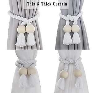 Porlau 2 Pack White Magnetic Curtain Tiebacks Cotton Hand Woven Tieback Holdback Decorative Tie Backs for Drapes with Wooden Buckle No Tools Required