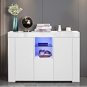 Recaceik LED Kitchen Sideboard Buffet Storage Cabinet High Gloss Sideboards and Buffets with Storage 16 Colors LED Lights w/2 Open Shelves & 2 Doors for Kitchen Dining Room Living Room, White
