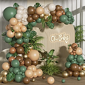 FOTIOMRG 152pcs Sage Green Brown Balloon Garland Kit, Jungle Safari Woodland Balloon Arch Kit with palm leaves artificial Ivy leaves for Two Wild One Birthday Wedding Baby Shower Party Decorations