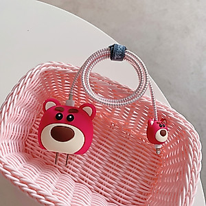 3D Cute Cartoon Charger Protector Case - Compatible for Apple 20W USB-C Power Adapter and Lightning Cable (Pink Strawberry Bear)