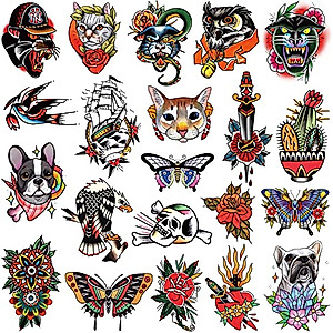 Tazimi 8 sheets Classic Temporary Tattoos Old School Tattoos Stickers Colorful Vintage Flower Arm Swallows Butterflies Eagle Cactus Scorpion Skull Tattoos Sticker for Men Women