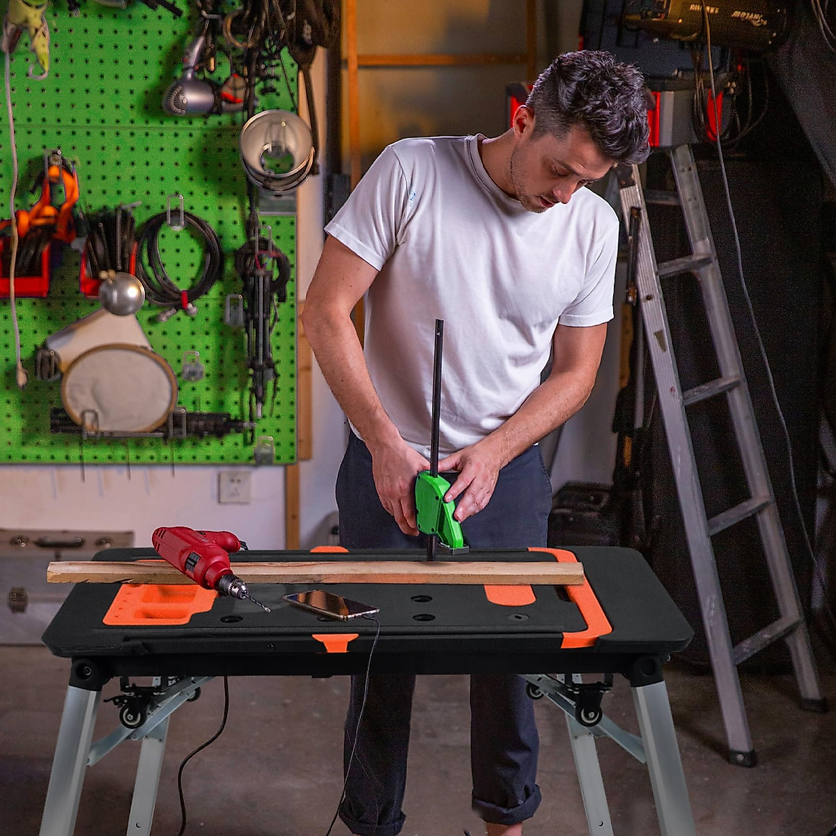 Evcitn Portable Workbench,7-in-1 Work Benches for Garage,45”Folding Work Table,Used as Car Creeper,Sawhorse,Platform,Scaffold,Hand Truck with 4 Wheels,550lbs Load Capacity