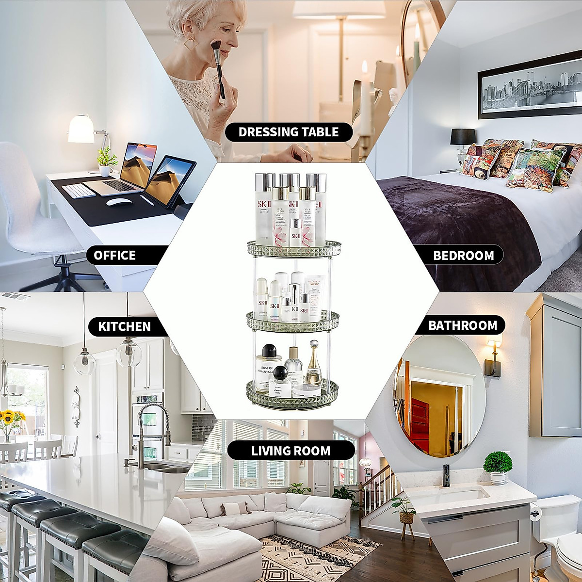 KSDSOAM 3 Tier 360 Rotating Makeup Organizer and Storage,Skincare Organizers Cosmetic Display Case Perfume Holder Rotating Tray Storage Carousel for Vanity Bathroom Organizer Countertop（Clear）