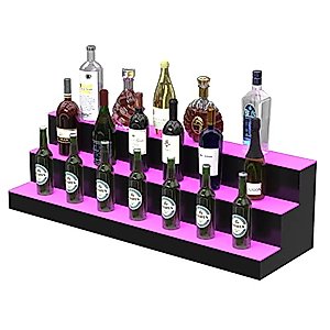 HIGOSPRO LED Liquor Bottle Display Shelf, 40 inch 3-Step Lighted Acrylic Lighted Bar Shelf for Home, Commercial Bar, Acrylic Lighted Bottle Display Stand with RF Remote