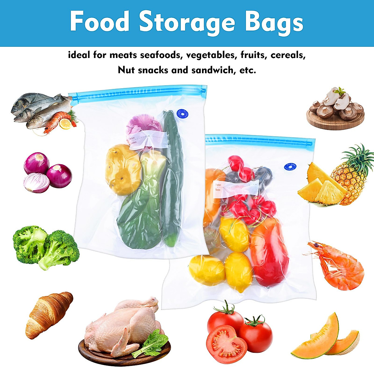 60 Pack Sous Vide Bags Vacuum Sealer Bag for Food, 4 Sizes Reusable Food Bags Vacuum Zipper Storage Bags with Air Valve Double Layers Food Storage