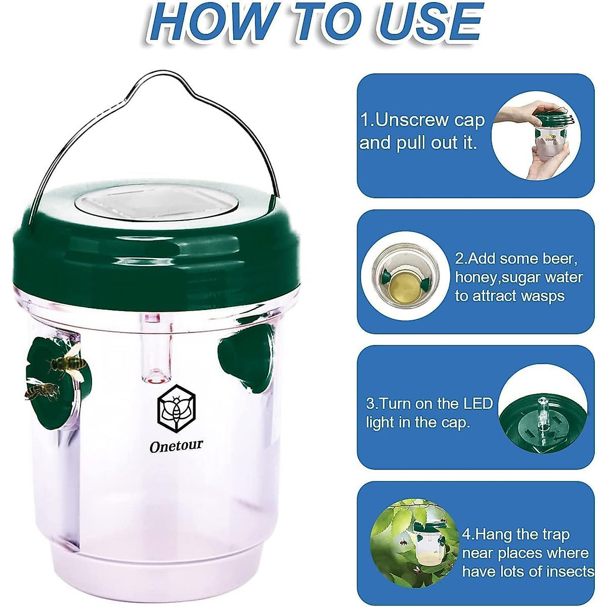 2 Packs Wasp Trap - Solar Powered Bee Trap Outdoor for Yellow Jackets, Hornets and Wasps - Durable Wasp Killer and Bee Killer - Reusable Yellow Jacket Trap and Insect Trap