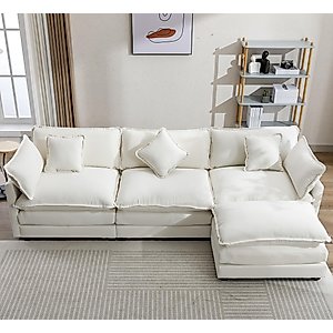 111.4" L-Shape Chenille Upholstered Sofa, Modern Modular Sectional 3 Seat Sofa Couch with Removable Ottoman and 5 Pillows for Living Room, Office Apartment (Beige-111)