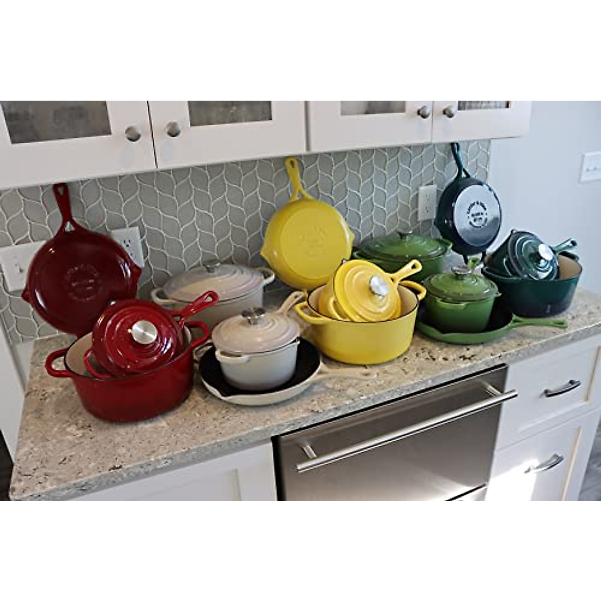 Larder & Vine 5 Piece Enameled Cast Iron Cookware Set, Oven Safe and Compatible with all Cooktops - includes 5.7 QT Dutch Oven and 2.2 QT Saucepan with lids and 10.25" Skillet (Okra)