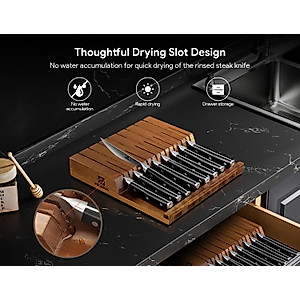 Piklohas Steak Knives Set of 8 with Drawer Organizer, 4.5 Inch Non Serrated Dinner Knife, Forged German Steel Damascus Pattern Straight Edge Meat Knife with Full Tang Handle, Dishwasher Safe, Black