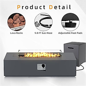 UPHA 56-inch Outdoor Propane Gas Fire Pit Table 50000 BTU Concrete Rectangle Fire Pit for Outside Patio with Propane Tank Cover, Wind Guard, Lava Rocks, Rain Cover, Grey