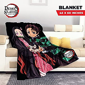 JUST FUNKY Demon Slayer Tanjiro Kamado Plush Throw Blanket | 45 X 60 Inches Blanket Featuring Tanjiro and Nezuko | Home Decor | Anime Blanket | Anime Manga Gifts | Official Licensed