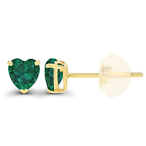 14K Yellow Gold Plated Sterling Silver 4mm Heart Created Green Emerald May Birthstone Genuine Stud Earrings For Women