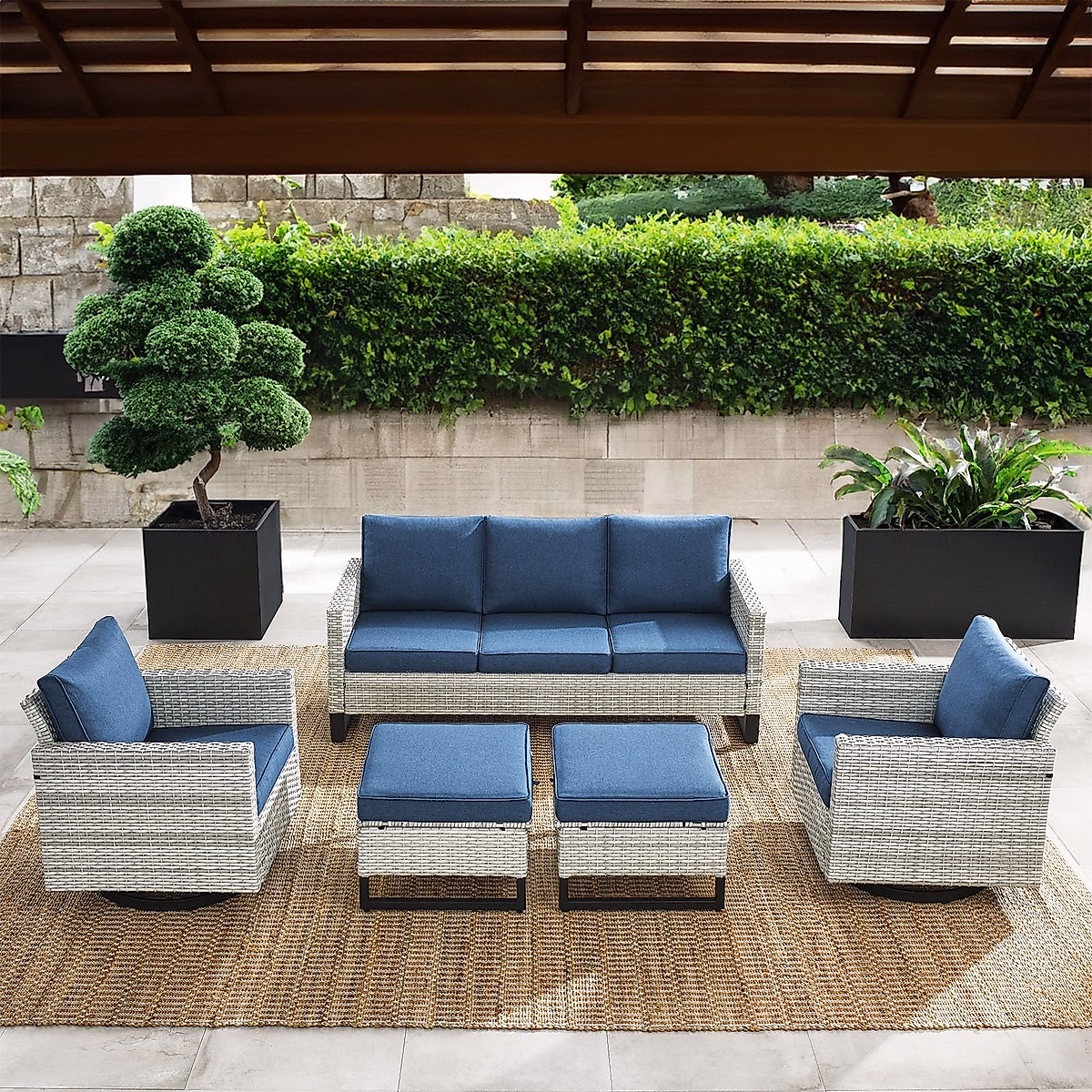 HUMMUH Patio Furniture Set 5 Piece Outdoor Sectional Sofa,PE Wicker Patio Swivel Rocker Chairs with Ottomans for Porch,Garden,Backyard