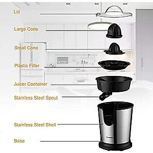 Homeleader Electric Citrus Juicer, Lemon Squeezer with Stainless Steel, Orange Squeezer with Two Cones, Powerful Motor for Grapefruits, Orange and Lemon, Black