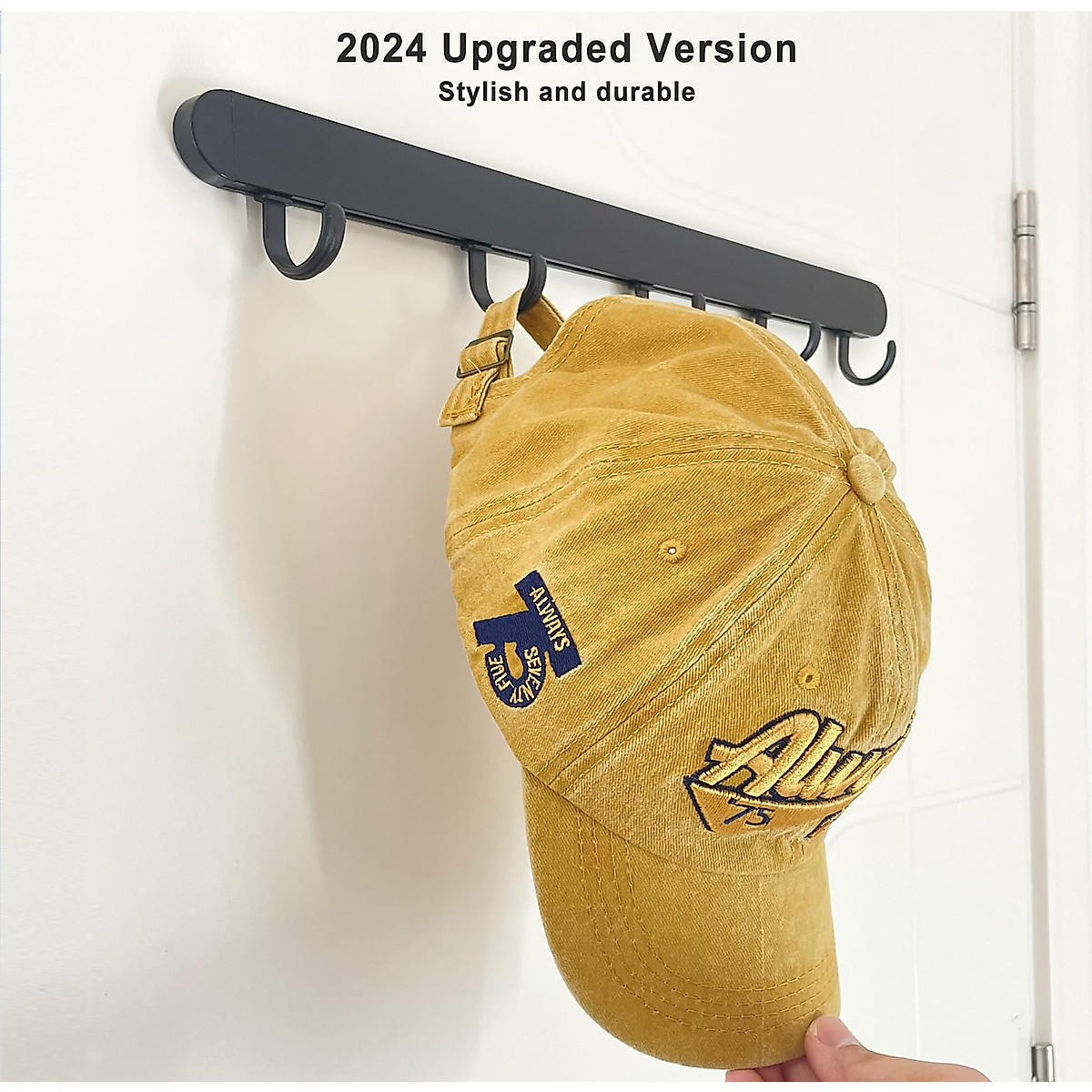 ETOWIFA Adhesive Hat Organizer Rack for Baseball Caps [Up to 18 Caps] Hat Hanger Display for Wall/Closet/Over The Door, Room/College Dorm Storage Holder - 2 Adhesive Straps and 10 Removable Hooks