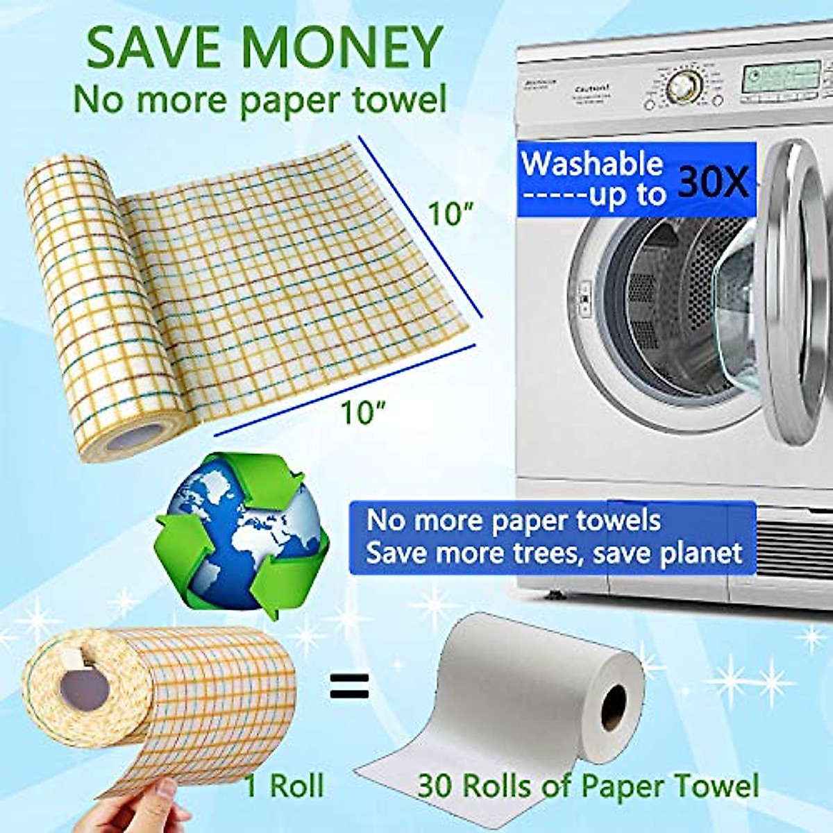 PandS Reusable Paper Towels - Plaid 40 Count - 1 Roll 10″×10″ Cleaning Wipes - Shop Towels - Strong Absorbent Quick Dry - Cleaning Supplies - Household Items