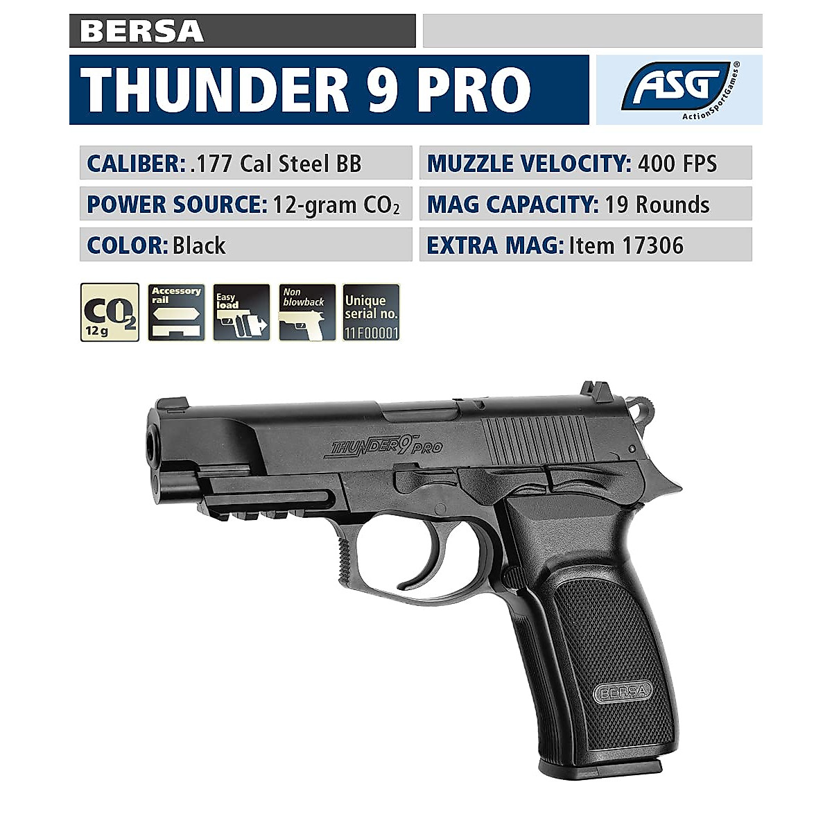 ASG BERSA Thunder 9 Pro .177 Caliber Steel BB Gun Non-Blowback Air Pistol